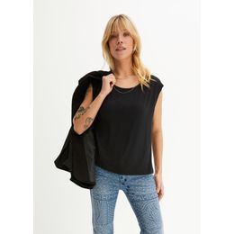 T-Shirt bonprix "Shirt aus Viskose-Mix", Damen, Gr. 44/46 (L), schwarz, Obermaterial: 95% Viskose, 5% Elasthan, figurumspielend, Shirts T-Shirt, mit vorne k&uuml;rzerem Schnitt, Kurzarm-Design, aus Viskose-Mix