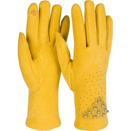 Fleecehandschuhe styleBREAKER "Touchscreen Handschuhe mit Strass und Perlen", Damen, gelb (senf), Obermaterial: 50% Viskose CV. 50% Polyester PES., Modisch, Handschuhe