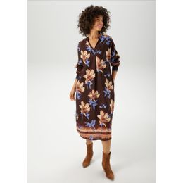 Blusenkleid Aniston CASUAL, Damen, Gr. 50, N-Gr, braun (dunkelbraun, blau, sand, beige, braun, hellbraun, hellblau), Web, Obermaterial: 100% Viskose, bedruckt, gebl&uuml;mt, l&auml;ssig geschnitten kniebedeckend, V-Ausschnitt, Rippb&uuml;ndchen, Kleider Blusenkleid, mit gro&szlig;fl&auml;chigem Blumendruck und Bord&uuml;re