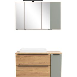 Badm&ouml;bel-Set Welltime "MAILAND, 2 Metall-Vollausz&uuml;ge mit Softclose", wildeiche, schilfgr&uuml;n, B:105cm H:200cm T:47cm, MDF, Kastenm&ouml;bel-Sets, Badm&ouml;bel-Set, Wildeiche/Schlfgr&uuml;n, LED-Aufbauleuchte, hochwertiges Keramikbecken