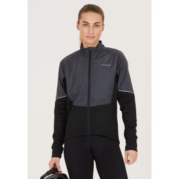 Softshelljacke Endurance "JIGSAW W Bike Jacket", Damen, Gr. 38, grau (grau, schwarz), 90% Polyester, 10% Elasthan, mehrfarbig, normal, hoch geschlossener Ausschnitt, Jacken Softshelljacke, mit wind- und wasserdichten Shell-Eins&auml;tzen
