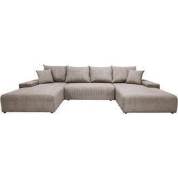 Wohnlandschaft WERK2 "Amalfi", beige, B:348cm H:95cm T:188cm, 90% Polyester, 10% Nylon, Sofas, Wohnlandschaft, XXL Design Wohnlandschaft in Cord mit Schlaffunktion & Bettkasten