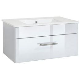 Waschtisch Welltime "Trento Light mit Keramik-Auflagebecken", wei&szlig; (wei&szlig;, wei&szlig; hochglanz, wei&szlig;), B:81cm H:41cm T:47cm, Holzwerkstoff, Keramik, Waschtische, Waschtisch, 1 feste Blende und 1 Auszug, Breite: 101cm, Wei&szlig; Hochglanz