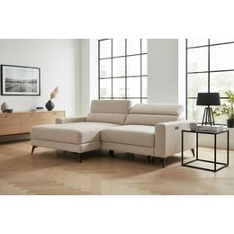 Ecksofa OTTO HOME "LEWII, L-Form, 225 cm - elektr. Schlafsofa und Sitztiefenverstellung", beige, B:225cm H:77cm T:156cm, Webstoff 100% Polyester, Sofas, Ecksofa, mit USB A/C-Anschluss. Federkern, verstellbaren Kopfst&uuml;tzen, Webstoff