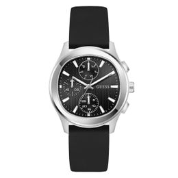 Multifunktionsuhr Guess "PALMER", schwarz, silberfarben, Armbanduhren, Herren, Quarzuhr, Armbanduhr, Herrenuhr, Silikonarmband, analog, Wochentag