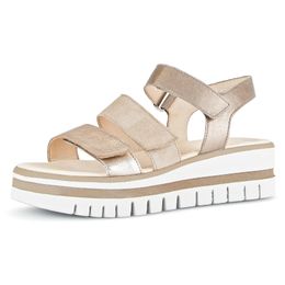Keilsandalette Gabor, Damen, Gr. 44, beige (beige kombiniert), Leder, Ziegenveloursleder, metallic, Schuhe, Sommerschuh, Sandale, Keilabsatz, mit drei Klettverschl&uuml;ssen