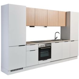K&uuml;chenzeile BASIC BY BALCULINA "Makrona B/H/T 340x215x60 cm", k&uuml;che: wei&szlig;, front: wei&szlig;, eichefarben gestreift, korpus: wei&szlig;, arbeitsplatte: marmorfarben hell, B:340cm H:210cm T:60cm, Komplettk&uuml;chen-Sets, K&uuml;chenzeile, Breite 340 cm, wahlweise mit E-Ger&auml;ten und Induktion
