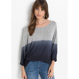 Oversize-Shirt bonprix, Damen, Gr. 32/34 (XS), grau, dunkelblau meliert, Feinstrick, Obermaterial: 75% Viskose, 21% Polyester, 4% Elasthan, mehrfarbig, oversize h&uuml;ftbedeckend, Rundhals, Fledermaus&auml;rmel, Shirts, Oversize-Passform, 3/4-Fledermaus&auml;rmel, mit Farbverlauf