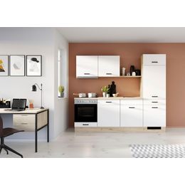 K&uuml;che IMPULS K&Uuml;CHEN "Porto", Ausrichtung w&auml;hlbar, Schubk&auml;sten mit Soft-Close", wei&szlig; (k&uuml;che: wei&szlig;, korpus: eiche, nachbildung hell, arbeitsplatte: eiche, nachbildung hell), B:240cm H:206,2cm T:60cm, Komplettk&uuml;chen-Sets, K&uuml;chenzeile, vormontiert, wahlweise mit E-Ger&auml;ten, mit Vollauszug, Breite 240 cm