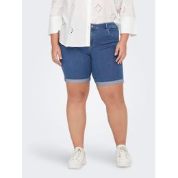 Jeansshorts Only CARMAKOMA "CARTHUNDER LIFE REG LONG SHORTS DNM", Damen, Gr. 48, N-Gr, blau (medium blau denim), Web, Obermaterial: 53% Viskose, 29% Baumwolle, 17% Polyester, 1% Elasthan, skinny fit, Jeans Jeansshorts