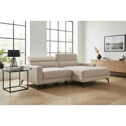 Ecksofa OTTO HOME "LEWII, L-Form, 225 cm - elektr. Schlafsofa und Sitztiefenverstellung", beige, B:225cm H:77cm T:156cm, Webstoff 100% Polyester, Sofas, Ecksofa, mit USB A/C-Anschluss. Federkern, verstellbaren Kopfst&uuml;tzen, Webstoff
