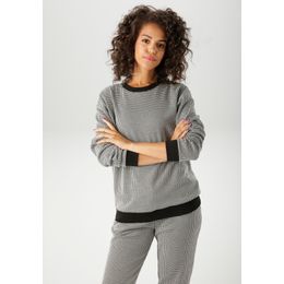 Sweatshirt Aniston CASUAL, Damen, Gr. 38, schwarz (schwarz wei&szlig;), Jersey, Obermaterial: 48% Polyester, 30% Baumwolle, 19% Viskose, 3% Elasthan. Einsatz: 95% Baumwolle, 5% Elasthan, Hahnentrittmuster, gemustert, l&auml;ssig geschnitten h&uuml;ftbedeckend, Rundhals, Rippb&uuml;ndchen, Sweatshirts Sweatshirt, mit trendigem Hahnentritt-Muster