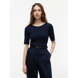 Kurzarmpullover Tommy Hilfiger "FINE GG CABLE BOAT NK S/S", Damen, Gr. L (42/44), schwarz night navy, Strick, Obermaterial: 100% Baumwolle, unifarben mit Farbeinsatz, regular fit normal, U-Boot-Ausschnitt, eingesetzt gerader Abschluss, Pullover, Baumwolle, mit Zopfstrickmuster