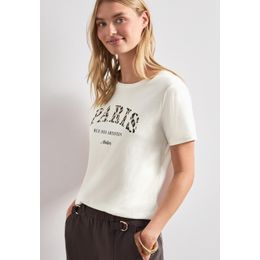 T-Shirt Street One, Damen, Gr. 34, wei&szlig; (sanftes wei&szlig;), Web, 50% Baumwolle, 50% Modal, unifarben mit Farbeinsatz, normal normal, Rundhals, abgesteppt, Shirts T-Shirt, Jersey