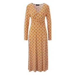 Midikleid Aniston SELECTED, Damen, Gr. 36, N-Gr, cognac, offwihe, Single Jersey, Obermaterial: 95% Viskose, 5% Elasthan, bedruckt, gebl&uuml;mt, gemustert, figurbetont kn&ouml;chelfrei, V-Ausschnitt, Kleider Midikleid, mit eleganten, grafischen Druckverlauf