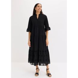 bonprix Maxikleid aus reiner Baumwolle, schwarz, Gr.50, Maxikleid mit Lochstickerei, aus 100% Baumwolle