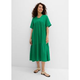 bonprix Midikleid aus reiner Baumwolle, gr&uuml;n, Gr.42, Mit Schn&uuml;rung am Ausschnitt, aus 100% Baumwolle