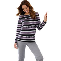 Damen Jacquard-Pullover mit Streifen und Schriftzug schwarz-feige-gemustert, Gr&ouml;&szlig;e 52
