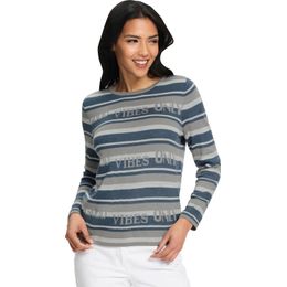 Damen Jacquard-Pullover mit Streifen und Schriftzug steingrau-rauchblau-gemustert, Gr&ouml;&szlig;e 38
