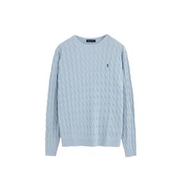 Strickpullover hellblau mit Zopfmuster und Rigby Go Logo