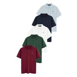 F&uuml;nferpack kurz&auml;rmliger Herren-Poloshirts hellblau, marineblau, wei&szlig;, flaschengr&uuml;n und granatrot mit gesticktem Rigby Go Logo