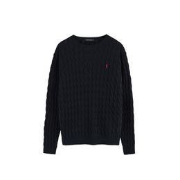 Strickpullover marineblau mit Zopfmuster und Rigby Go Logo