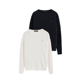 Zweierpack Herren-Strickpullover marineblau und ecru mit Zopfmuster und Rigby Go Logo