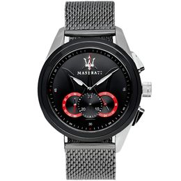 Maserati Traguardo Herren-Chronographenuhr mit schwarzem Zifferblatt und silbernem Mesh-Armband