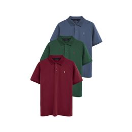Dreierpack Herren-Poloshirts denimblau, flaschengr&uuml;n und granatrot mit kurzen &Auml;rmeln und gesticktem Rigby Go Logo