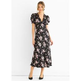 Schwarzes Midikleid mit floralem Spitzenbesatz und Bias
