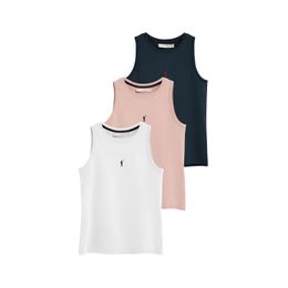 Dreierpack &auml;rmellose Damen-T-Shirts marineblau, wei&szlig; und blassrosa im Slim Fit mit Rigby Go Stickerei