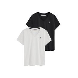 Zweierpack kurz&auml;rmlige Damen-T-Shirts schwarz und wei&szlig; mit V-Ausschnitt und Rigby Go Stickerei