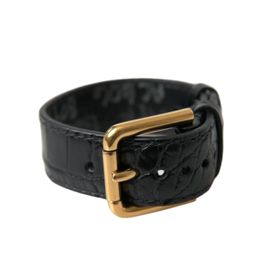 Dolce & Gabbana Dolce & Gabbana Schwarzes Texturiertes Leder Armband mit Goldfarbenem Metallverschluss