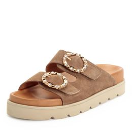 Pantolette Tamaris, Damen, Gr. 41, taupe, Veloursleder, Schuhe Pantolette, Sommerschuh mit schmuckbesetzten, verstellbaren Schnallen