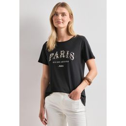 T-Shirt Street One, Damen, Gr. 34, schwarz, Web, 50% Baumwolle, 50% Modal, unifarben mit Farbeinsatz, normal normal, Rundhals, abgesteppt, Shirts T-Shirt, Jersey