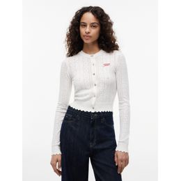 Strickjacke Tommy Jeans "TJW POINTELLE CARDIGAN", Damen, Gr. L (42/44), wei&szlig; (ancient wei&szlig;), Strick, Obermaterial: 50% Viskose, 28% Polyester, 22% Polyamid, unifarben, normal, Rundhals, Strickjacken Strickjacke, Viskosemischung, Pointelle Strick, gewellter Saum, Logo Stickerei
