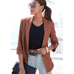 Longblazer Lascana, Damen, Gr. 34, nougat, Web, Obermaterial: 45% Viskose, 40% Polyester, 12% Polyamid, 3% Elasthan. Futter: 100% Polyester, unifarben, figurumspielend h&uuml;ftbedeckend, mit Riegel, Blazer Longblazer, mit gerafften &Auml;rmeln, aus leichter Webware mit Viskoseanteil