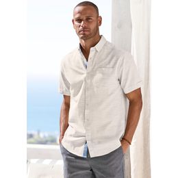 H.I.S. Kurzarmhemd H.I.S "Strukturhemd", Herren, Gr. L, N-Gr, beige, Web, Obermaterial: 100% Baumwolle, Strukturmuster, regular fit normal, Rundhals, abgesteppte Kante, Hemden, mit dekorativem Knopfdetail am &Auml;rmelabschluss
