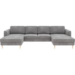 Wohnlandschaft Home Affaire "Booster, whlw. mit Schlaffunktion & Bettkasten, Fu&szlig; Buche lackiert", grau (betongrau), B:305cm H:83cm T:161cm, 92% Polyester, 8% Polyamid, Sofas, Wohnlandschaft, Sofa in U-Form, Breite 305 cm, in Cord oder Struktur