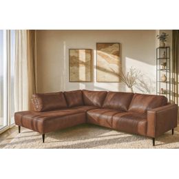Ecksofa Home Affaire "Fumone, Lederoptik oder Soft-Touch Chenille", braun (cognac), B:260cm H:83cm T:200cm, 35% Lederfasern; 65%Polyester, Sofas, Ecksofa, Breite 260, mit schwarzen Massivholzf&uuml;&szlig;en