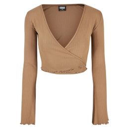 Langarmshirt Urban Classics "Urban Classics Damen Ladies Cropped Rib Wrapped Longsleeve", M&auml;dchen, Gr. 5XL, beige (schwarztaupe), 95% Polyester, 5% Elasthan, unifarben, slim fit, V-Ausschnitt, Shirts Langarmshirt
