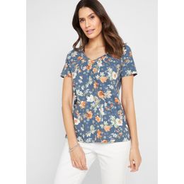 T-Shirt bonprix "Shirt mit Druck, kurzarm", Damen, Gr. 40/42 (M), blau (indigo gebl&uuml;mt), Web, Obermaterial: 95% Baumwolle, 5% Elasthan, bedruckt, loose fit normal, V-Ausschnitt, gerader Abschluss, Shirts T-Shirt, lockere Passform, Kurzarm, mit All-Over Print, mit V-Ausschnitt
