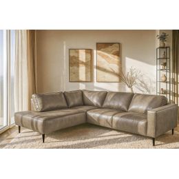Ecksofa Home Affaire "Fumone, Lederoptik oder Soft-Touch Chenille", beige, B:260cm H:83cm T:200cm, Sofas, Ecksofa, Breite 260, mit schwarzen Massivholzf&uuml;&szlig;en