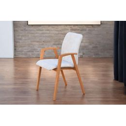 Armlehnstuhl OTTO HOME "Loreen Esszimmerstuhl, Polsterstuhl, Designstuhl", beige (beige trelew 9534, eiche natur ge&ouml;lt), B:56cm H:86,5cm T:64cm, Holzwerkstoff, Massivholz, Polyester, St&uuml;hle, Armlehnstuhl, mit Massivgestell, hochwertig gearbeitet, Armlehnen, stilvoll, bequem