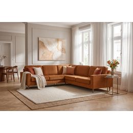 Ecksofa Home Affaire "Pinto Skandi, 290 cm, Chenille, Struktur, Ottomane links / rechts", orange (brick rot), B:290cm H:89cm T:250cm, 100% Polyester, Sofas, Ecksofa, mit Keder, Massivholzf&uuml;&szlig;e Eiche ger&auml;uchert, Wellenunterfederung