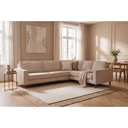 Ecksofa Home Affaire "Pinto Skandi, 290 cm, Chenille, Struktur, Ottomane links / rechts", beige (cream), B:290cm H:89cm T:250cm, 92% Polyester, 8% Nylon, Sofas, Ecksofa, mit Keder, Massivholzf&uuml;&szlig;e Eiche ger&auml;uchert, Wellenunterfederung