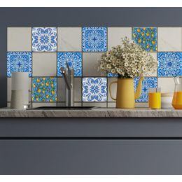 Fliesenaufkleber queence "Blaue Ornamente mit Zitronen", bunt (wei&szlig;), B:15cm H:15cm T:0,2cm, Fliesenaufkleber, selbstklebend, 12er Set