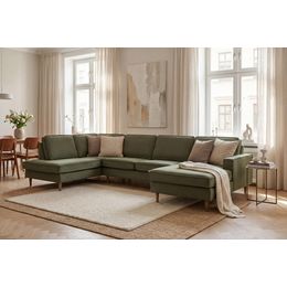 Wohnlandschaft Home Affaire "Pinto Skandi, 350 cm, U-Form, XXL, mit Ottomanen", gr&uuml;n, B:349cm H:89cm T:206cm, 100% Polyester, Sofas, Wohnlandschaft, mit Keder, Massivholzf&uuml;&szlig;e Eiche ger&auml;uchert, Wellenunterfederung
