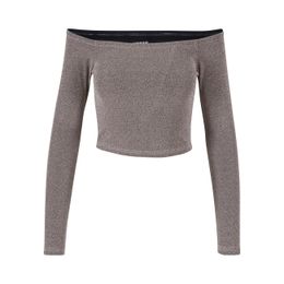 Longsleeve Urban Classics "Urban Classics Damen Ladies Off Shoulder Glitter Longsleeve", Damen, Gr. 4XL, gold, 96% Polyester, 4% Elasthan, unifarben, skinny fit, Carmenausschnitt, Shirts