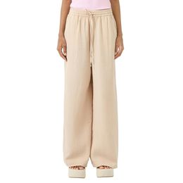 Stoffhose QS, Damen, Gr. 38, N-Gr, beige (birch beige), Web, Obermaterial: 100% Baumwolle, unifarben, loose fit lang, Hosen Stoffhose, mit Gummizug und weitem Bein